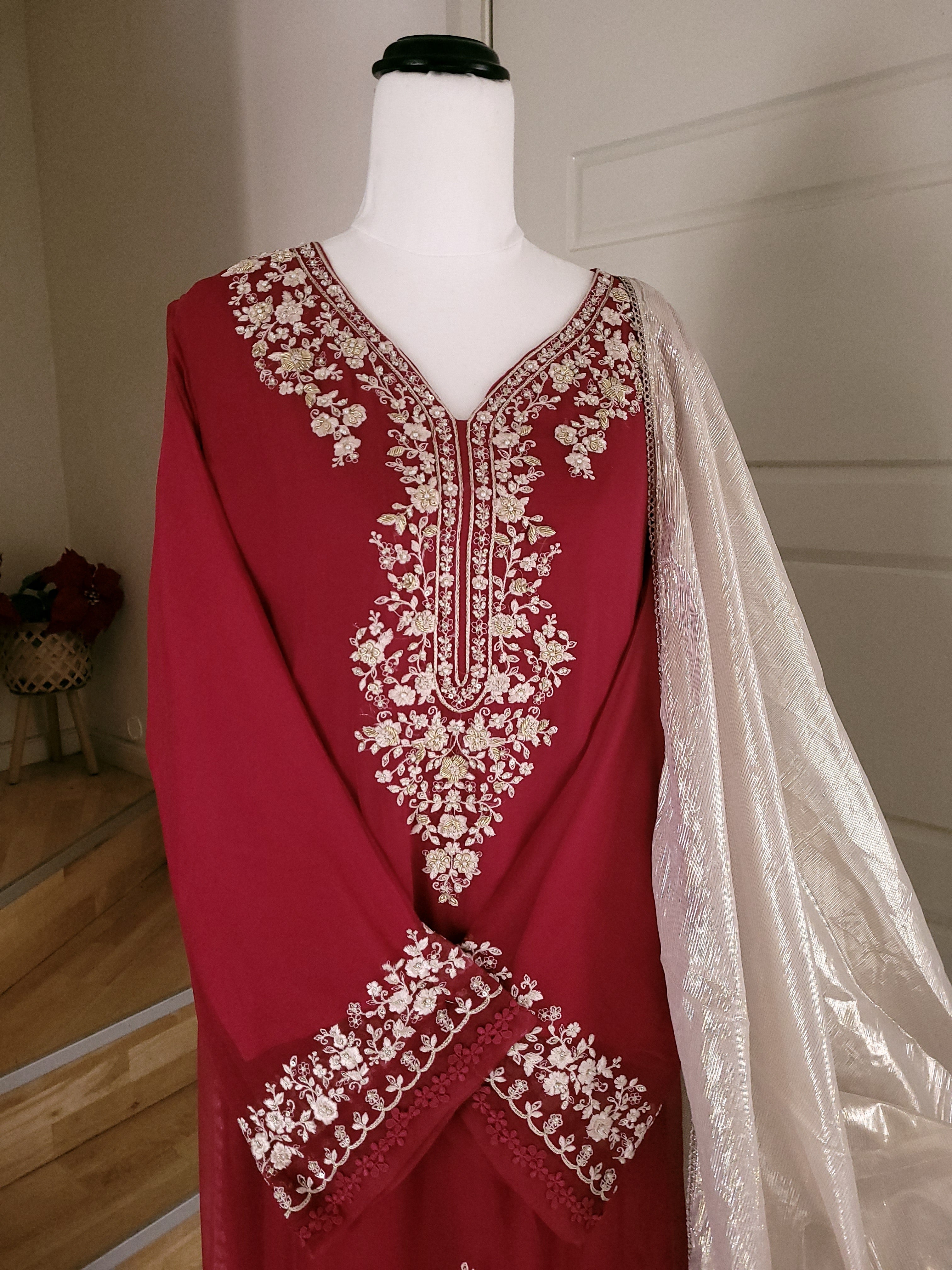Reddish maroon chiffon 3pc dress – Monz Fashion