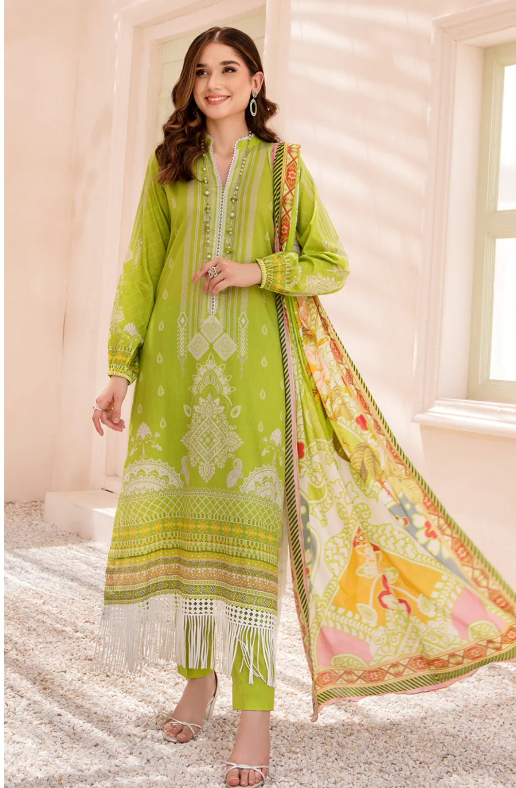 3 Piece Lawn Suit (Lime) – Monz Fashion