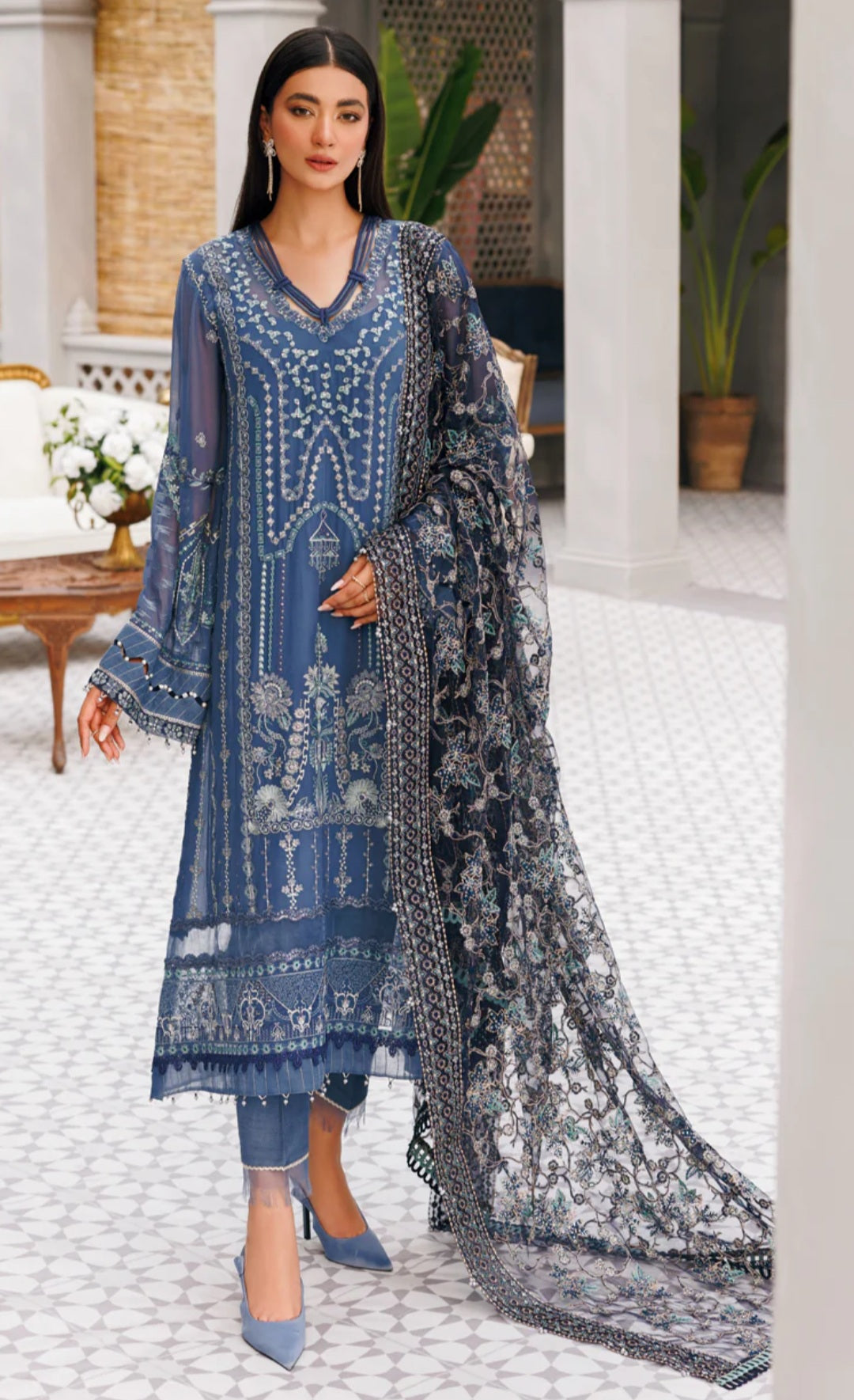 Metalic blue chiffon 3pc – Monz Fashion